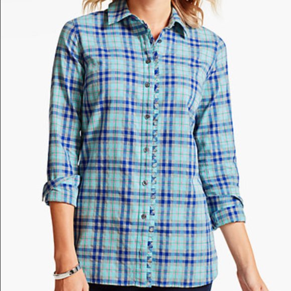 Talbots | Tops | Talbots Flannel Plaid Shirt With Ruffle Detail | Poshmark